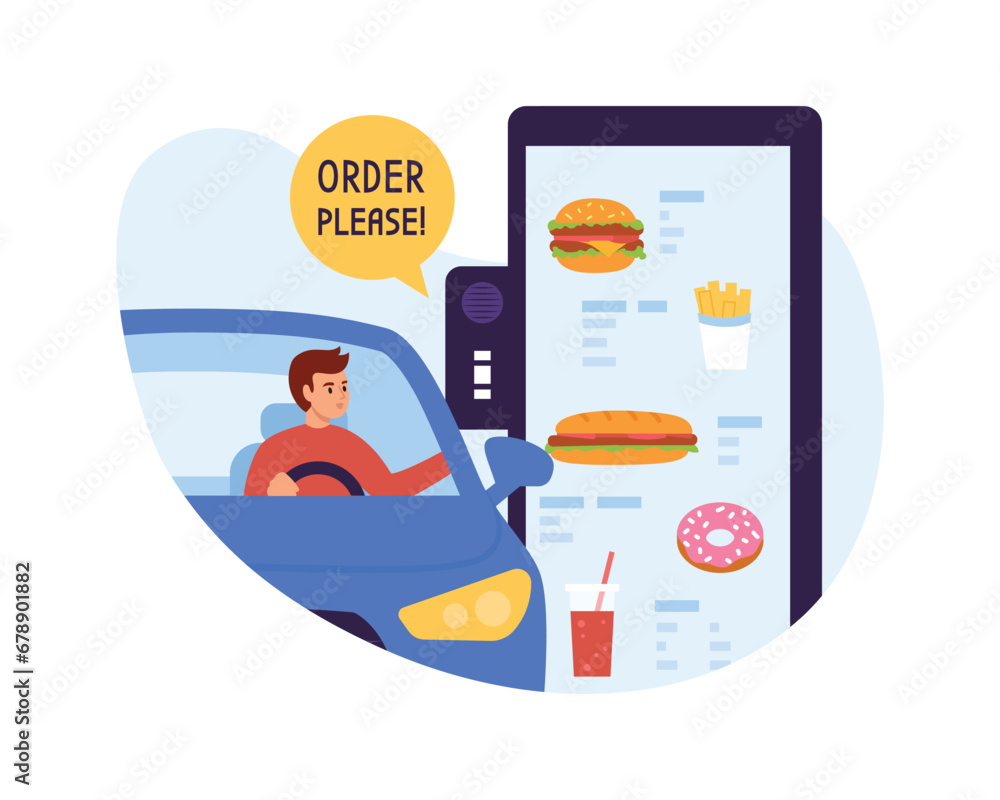 Vector illustration of ordering food through a drive-through window ...