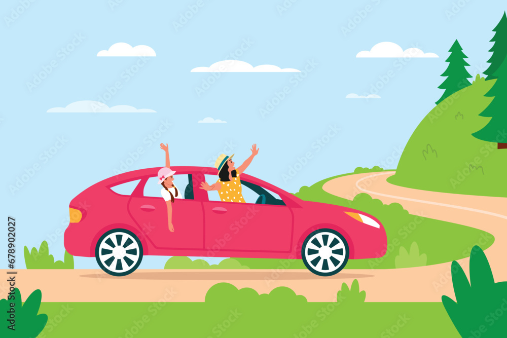 Vector illustration of a car trip. Cartoon scene of happy girls driving ...