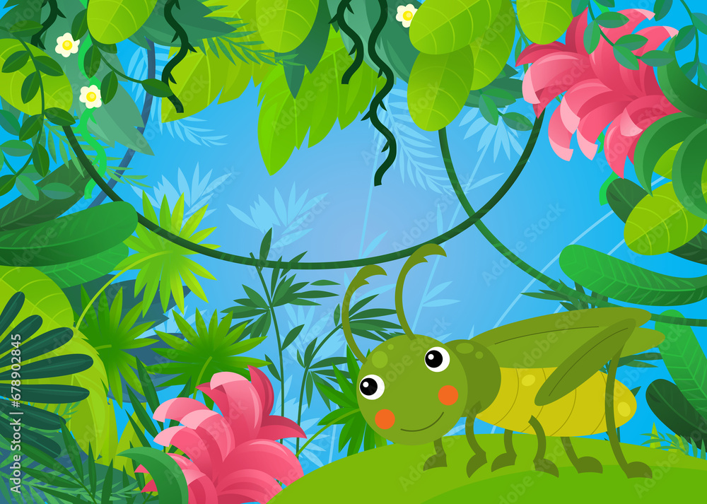 cartoon scene with forest and animal creature insect grasshopper ...