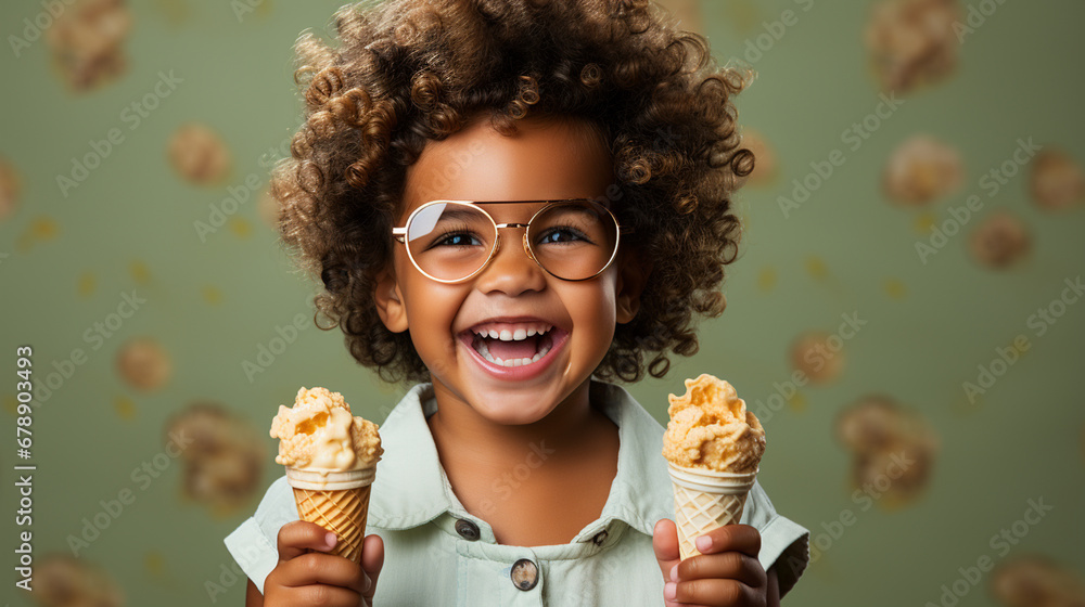 Boy very happy and smiling with two ice cream cones in his hands. Kid ...