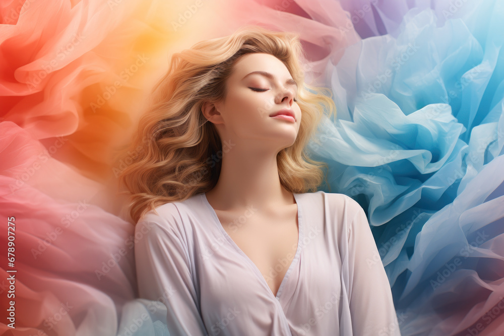 An individual caught in a moment of serenity, surrounded by pastel ...