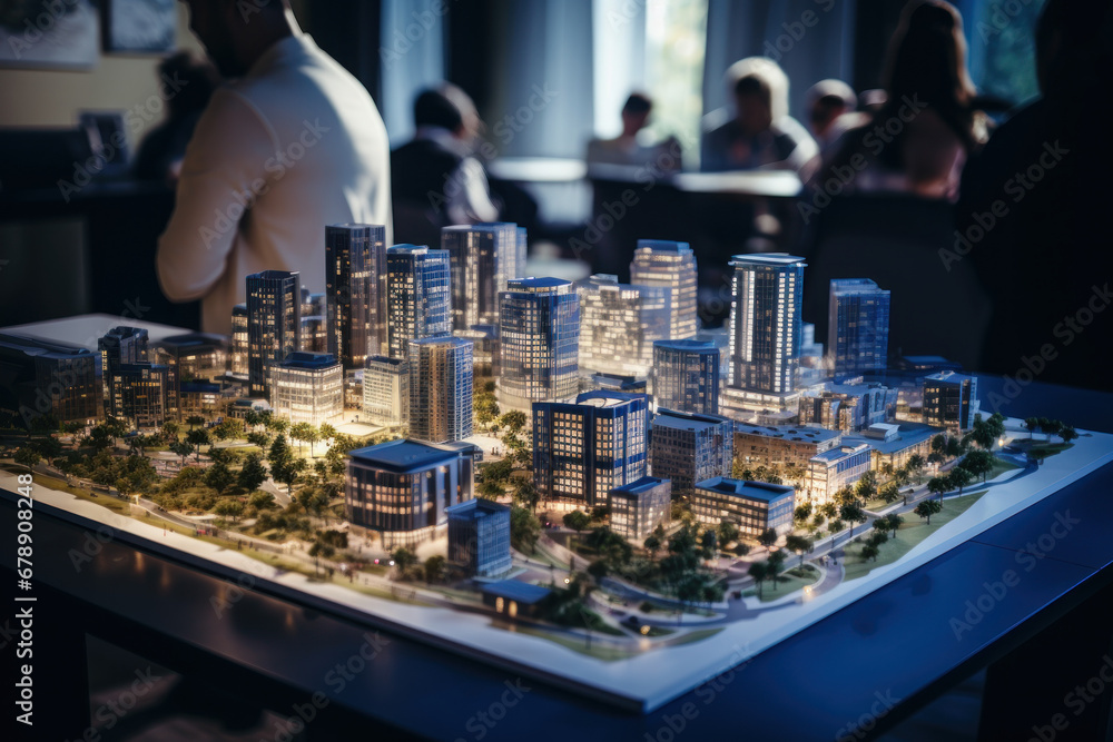 A complex scale model is displayed on a table, where real estate ...