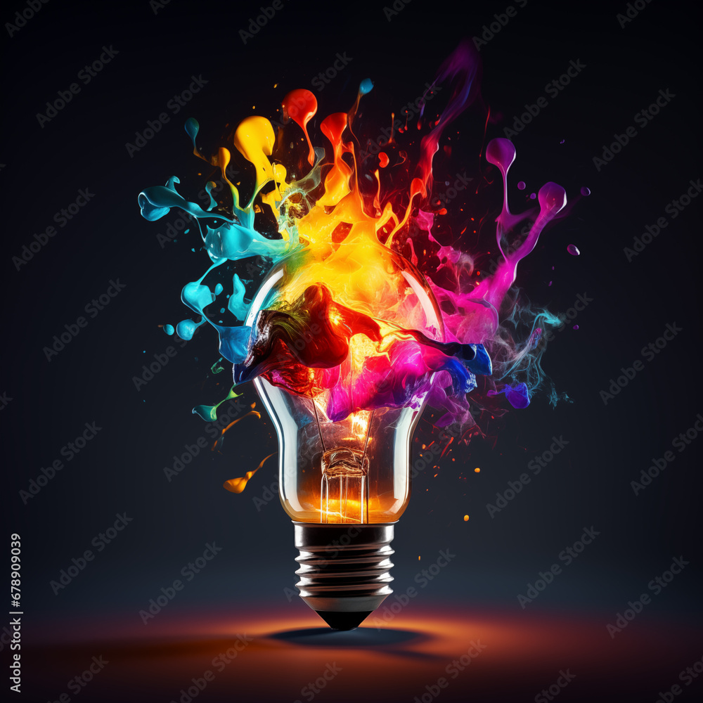 Glowing light bulb explodes with colorful paint and splashes on a black ...