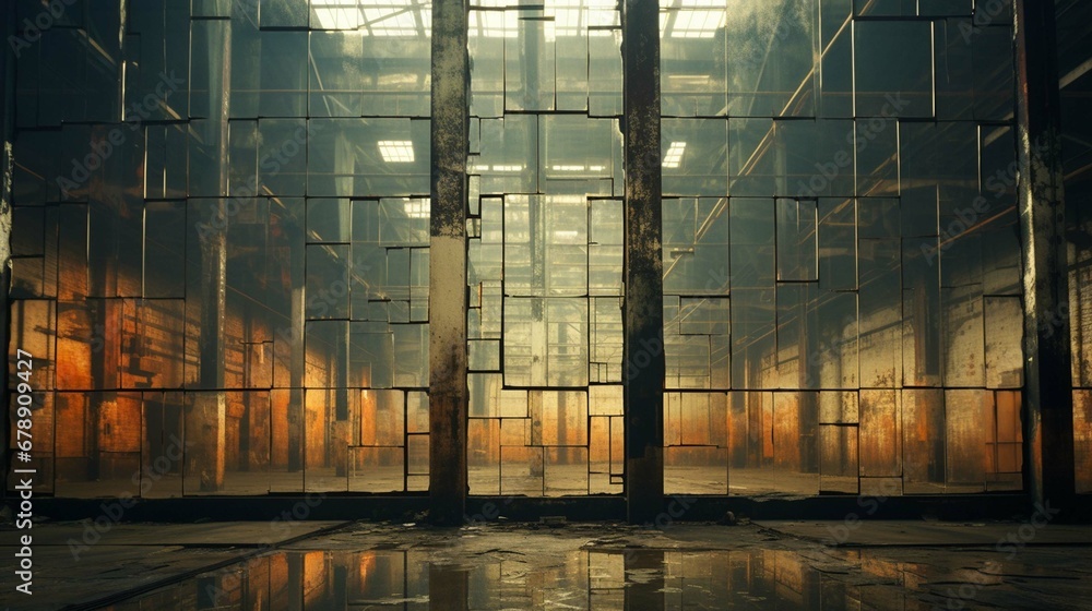 Old factory warehouse grid windows with broken glass. create using a ...