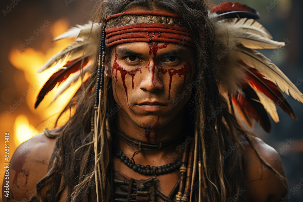 A young indigenous warrior, adorned with tribal markings and feathers ...
