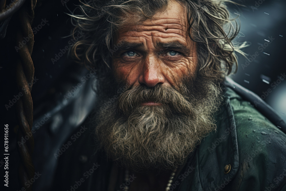 A seasoned sailor, his face weathered by the sea, embodies a lifetime ...