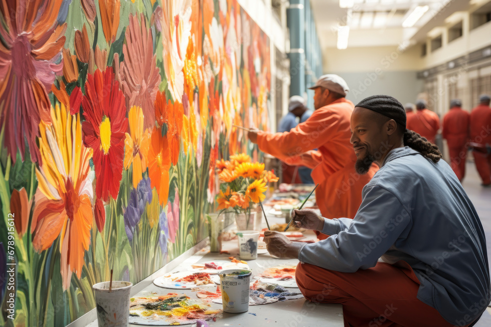 Inmates collaborating on a mural that covers the prison courtyard walls ...