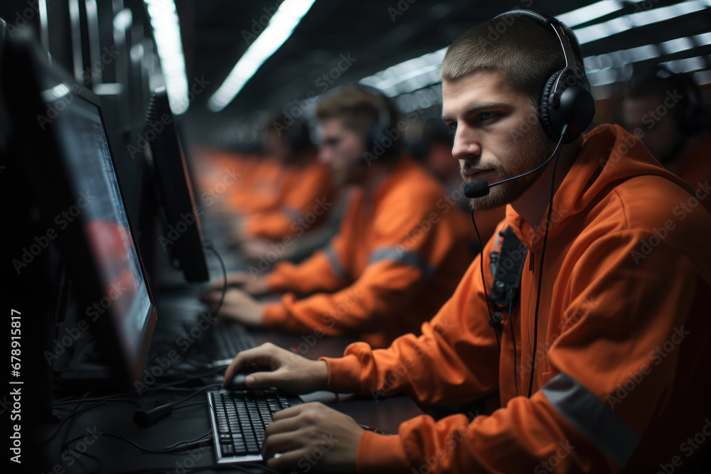 Inmates working in a prison-based call center, developing customer ...
