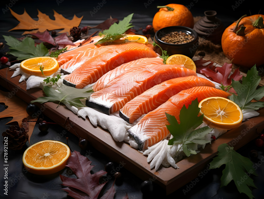 Seafood platter and fish fillet, salmon fillet, tuna fillet, octopus ...