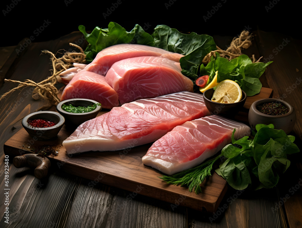 Seafood platter and fish fillet, salmon fillet, tuna fillet, octopus ...
