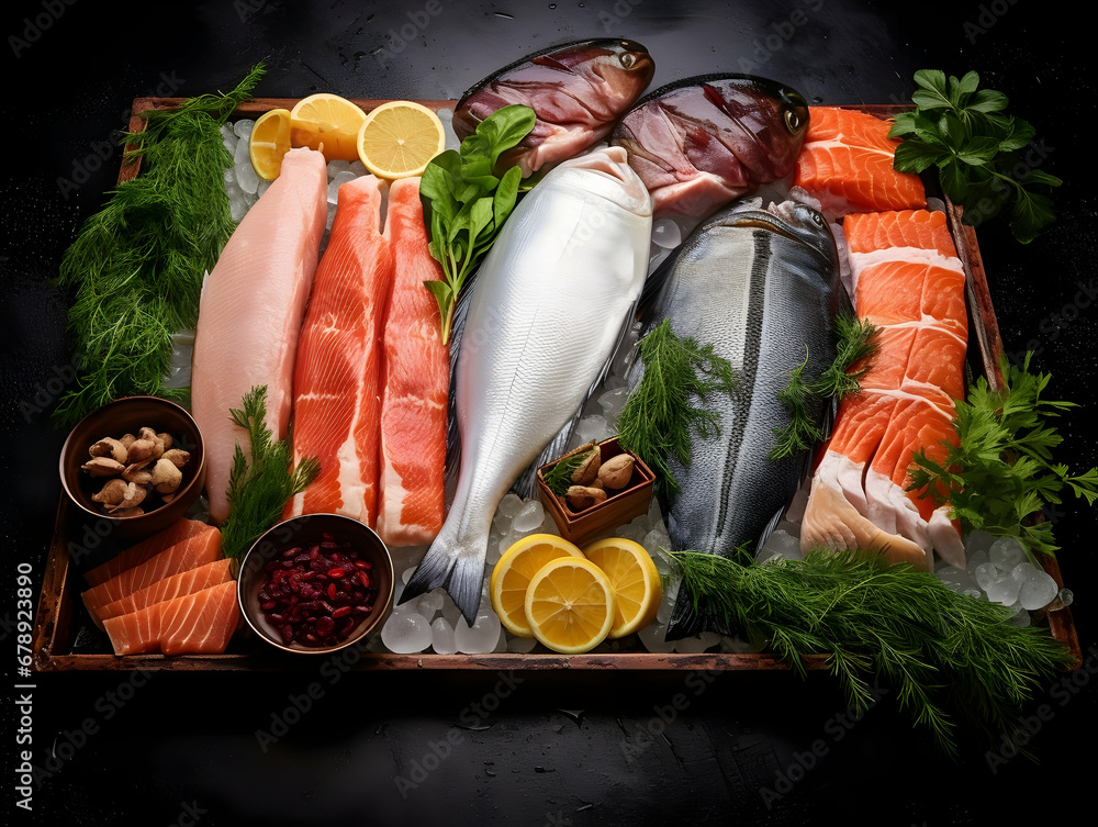 Seafood platter and fish fillet, salmon fillet, tuna fillet, octopus ...