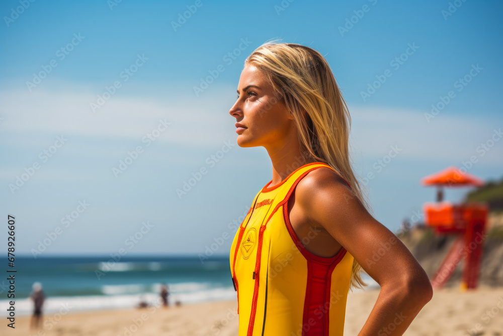 Devoted female lifeguard dutifully watches over swimmers ready to take ...