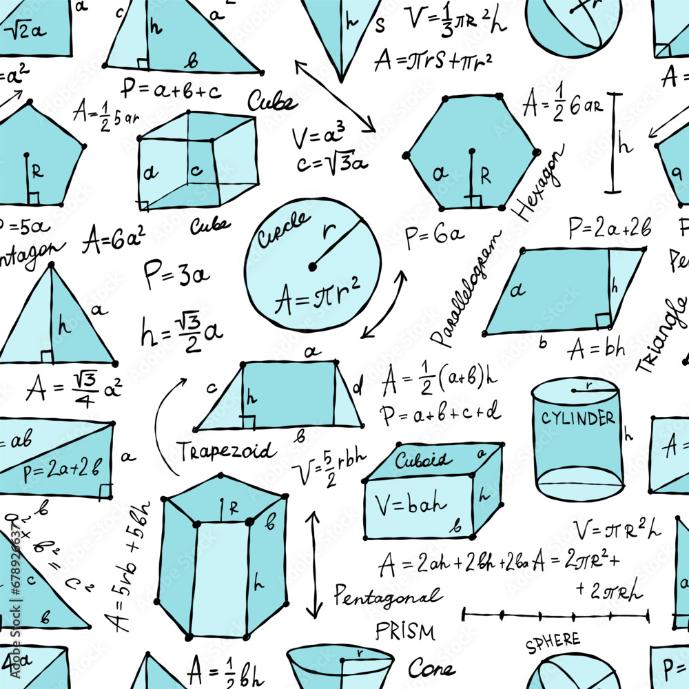 Mathematics and geometry, figures and formulas. Seamless pattern ...