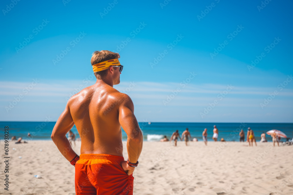 Rear view of a male lifeguard who dutifully watches over swimmers ready ...