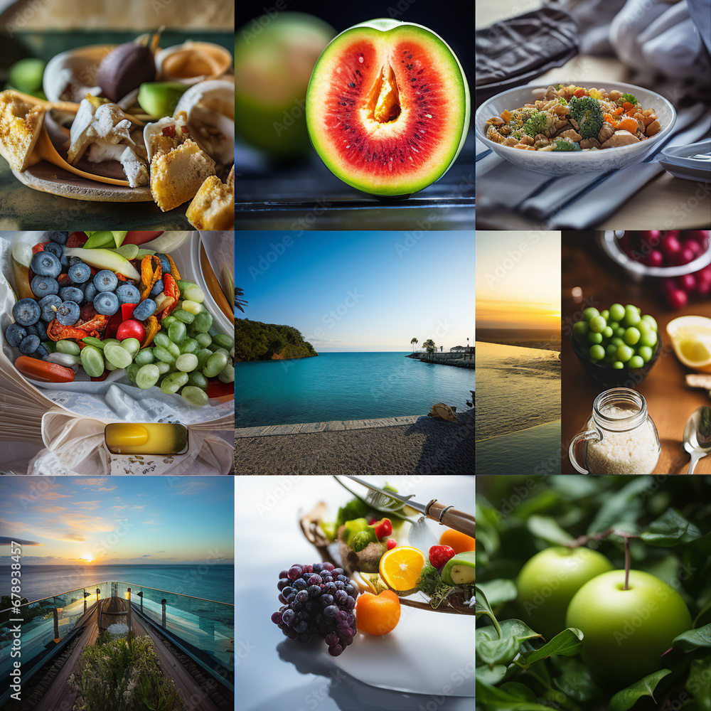 Healthy eating collage made of different fruits and vegetables Stock ...