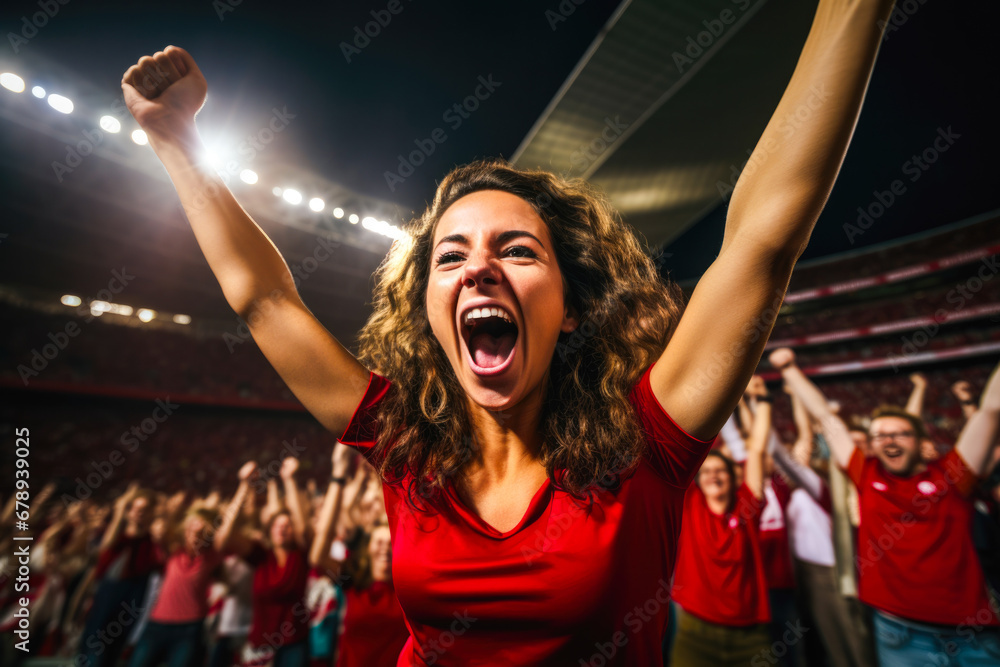 Enthusiastic female sports fan is fully immersed in the excitement of a ...