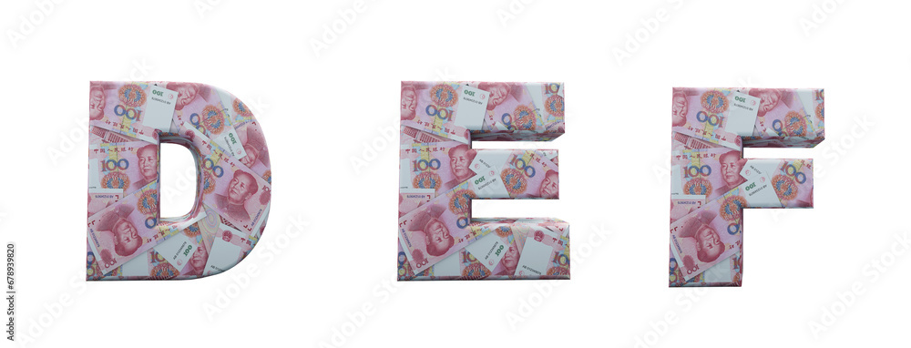 Money alphabet. Letters d, e, f, made with 100 Yuan bills. China ...