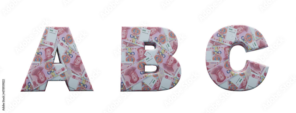 Money alphabet. Letters A, B, C, made with 100 Yuan bills. China ...
