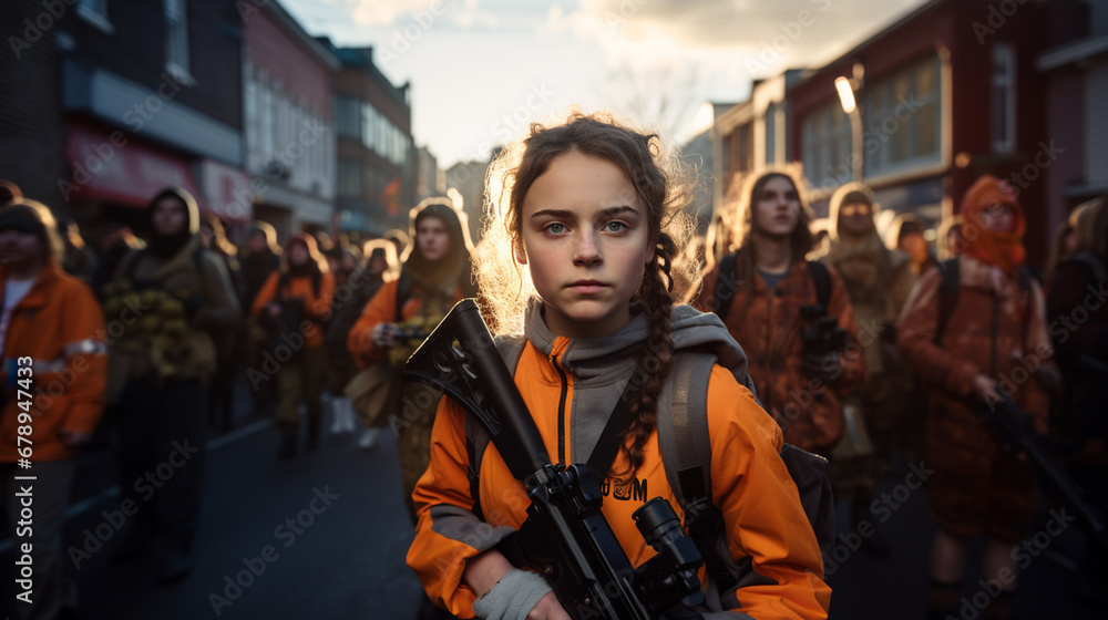 young teenager teen girl is armed, on the streets protesting or riot or ...