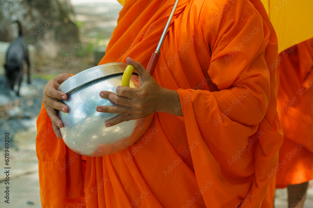 Buddhist monks carrying their alms bowls in southern Vietnam. Stock Photo | Adobe Stock
