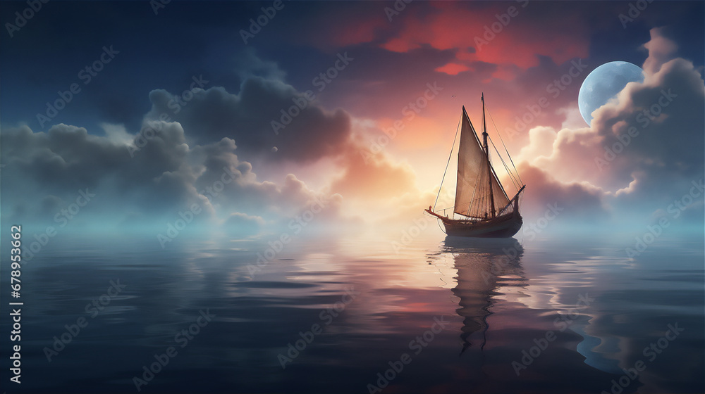 calm sea at tropical beach in sunset, a huge pirate sailing ship sailed ...