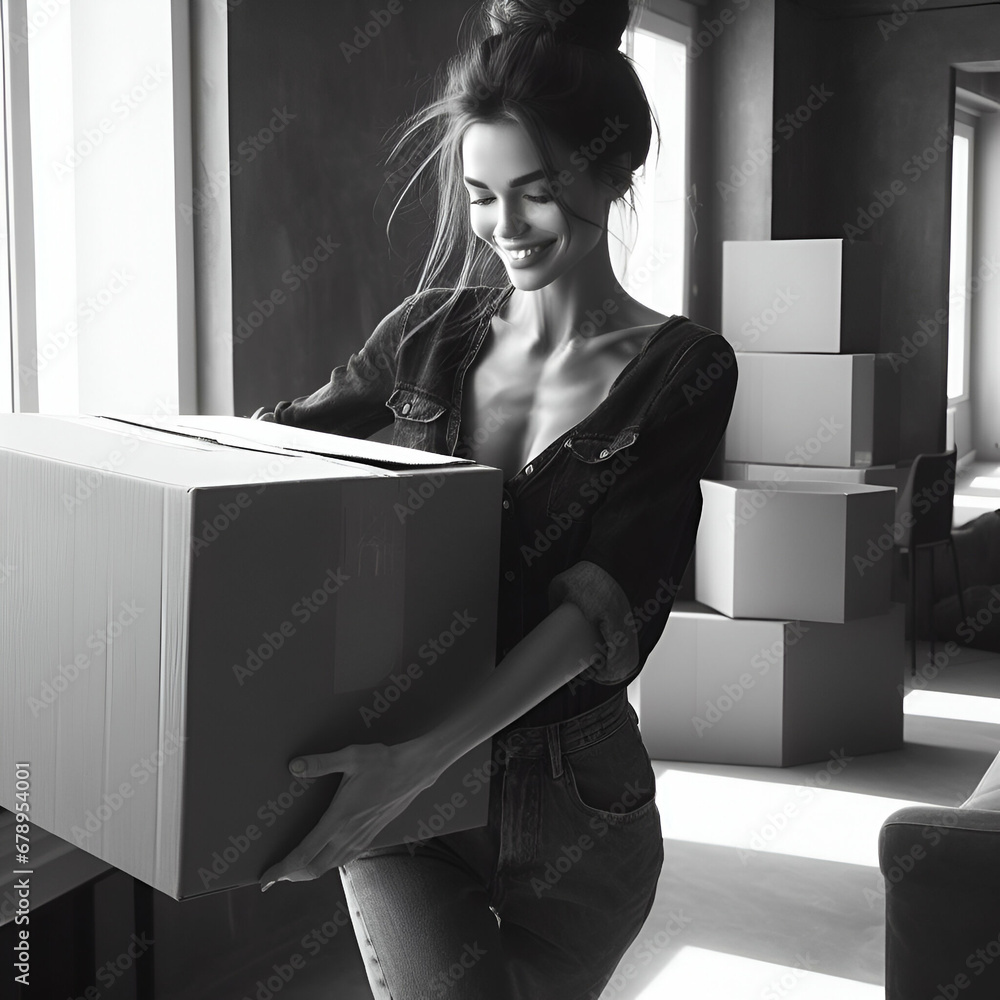 Invigorated Young Woman with Dark Hair Carrying a Large Box During a ...