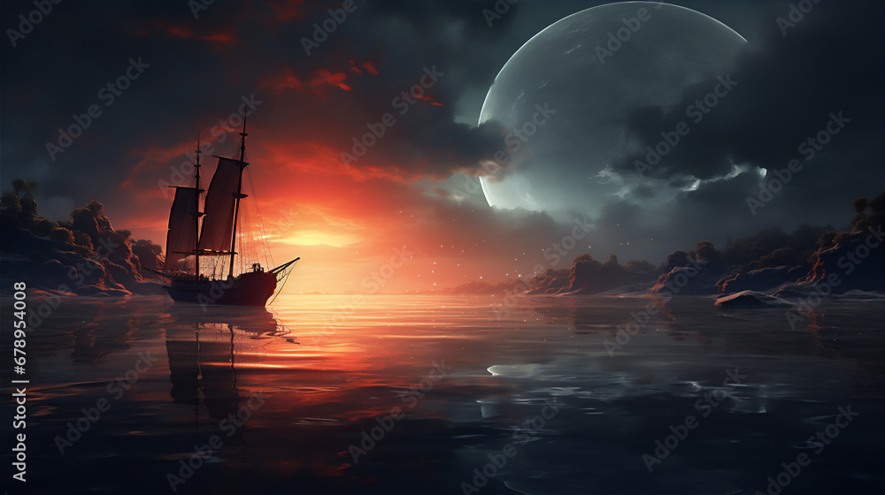 calm sea at tropical beach in sunset, a huge pirate sailing ship sailed ...