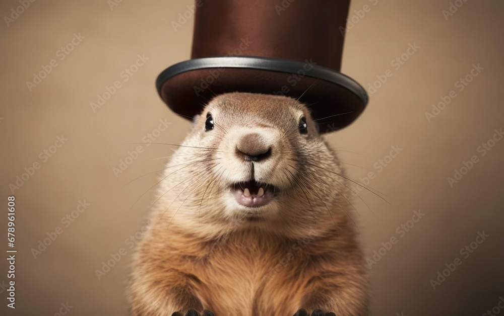Cute fluffy friendly smiling groundhog wearing a black top hat, close ...