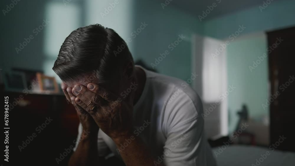 Desperate senior man covering face suffering from despair and ...