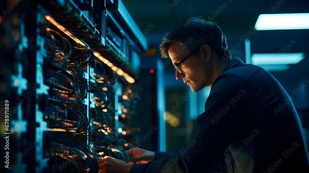 Data center diligence, eye-level shot of an engineer amidst server ...