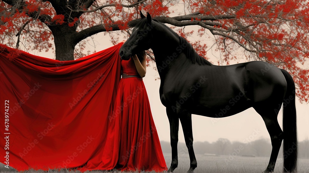 The image features a striking contrast of color with a woman in a ...