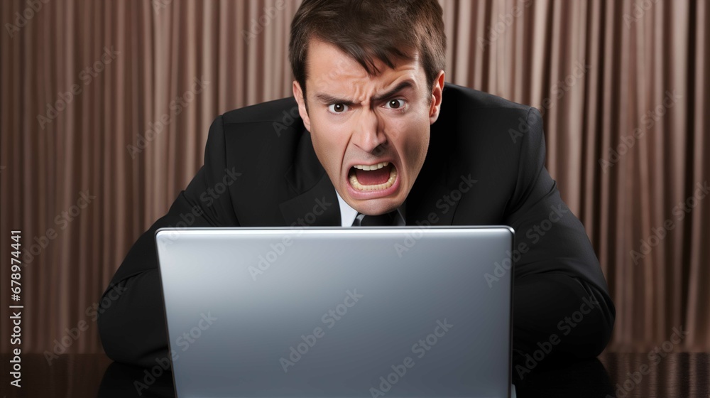 The image features a Caucasian man in a black business suit and tie ...