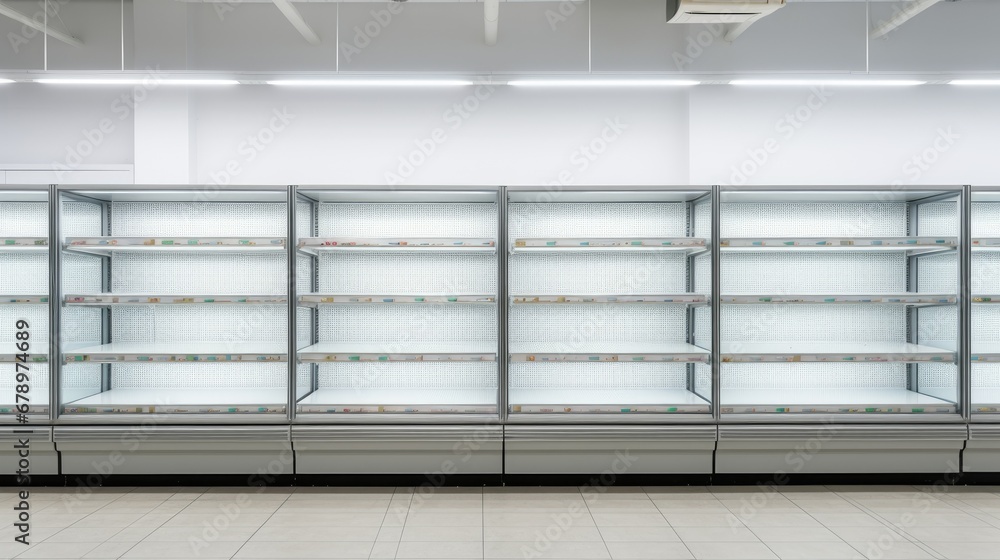 Empty grocery store refrigerated shelf, poised for product placement ...