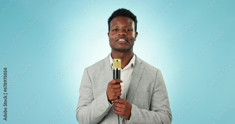 Reporter, face and news, black man with mic with broadcast and live ...