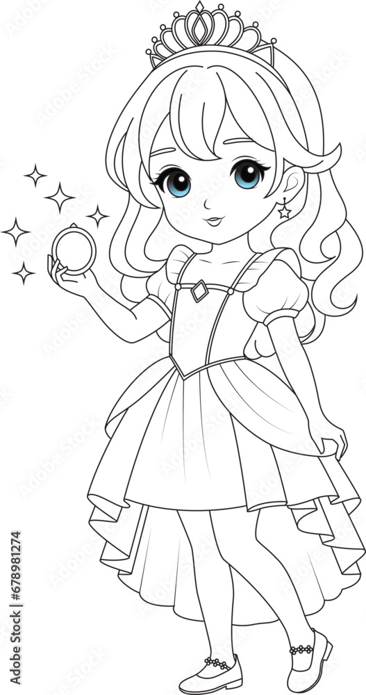 Coloring page of a cute princess for kids. Flat vector outline for kids ...