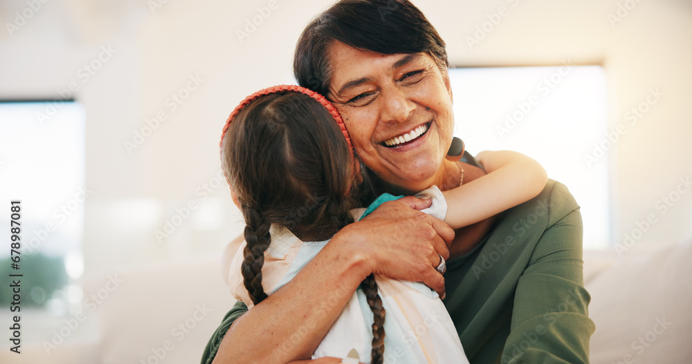 Child, grandmother and hug for happy smile bonding, relax connection in ...