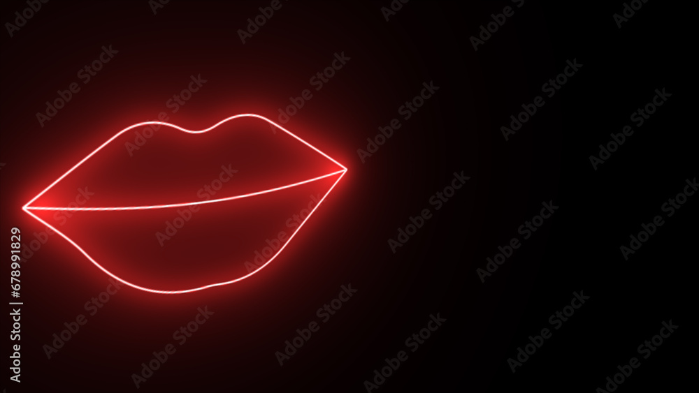 Fashion red lips neon line illumination illustration in outline style ...