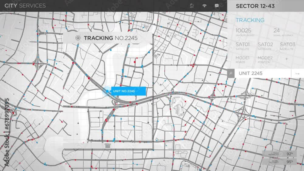 Futuristic tracking software interface inspecting the town map ...