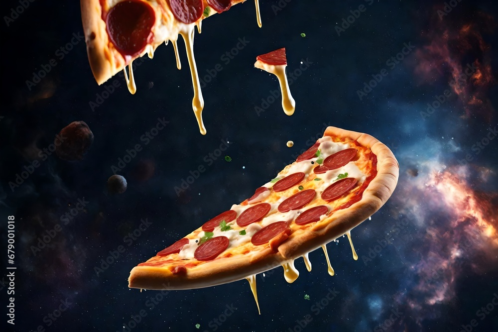 Pizza slice flying in the space concept. Pepperoni salami galaxy pizza ...
