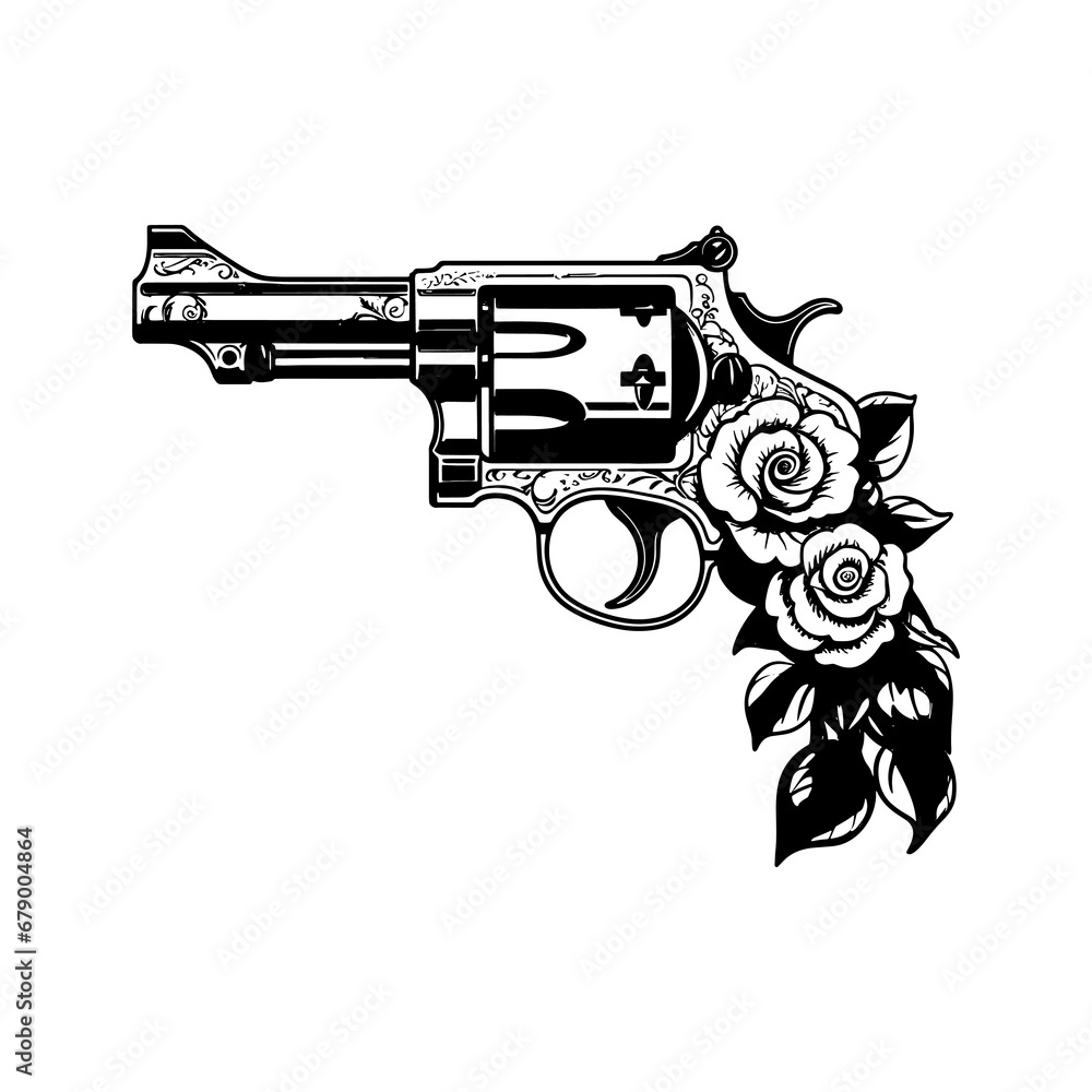 Tattoo illustration of revolver colt with three roses, Revolver with ...