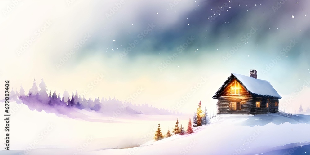 Watercolor wood cabin in mountains with forest and snow. Painted Fir ...