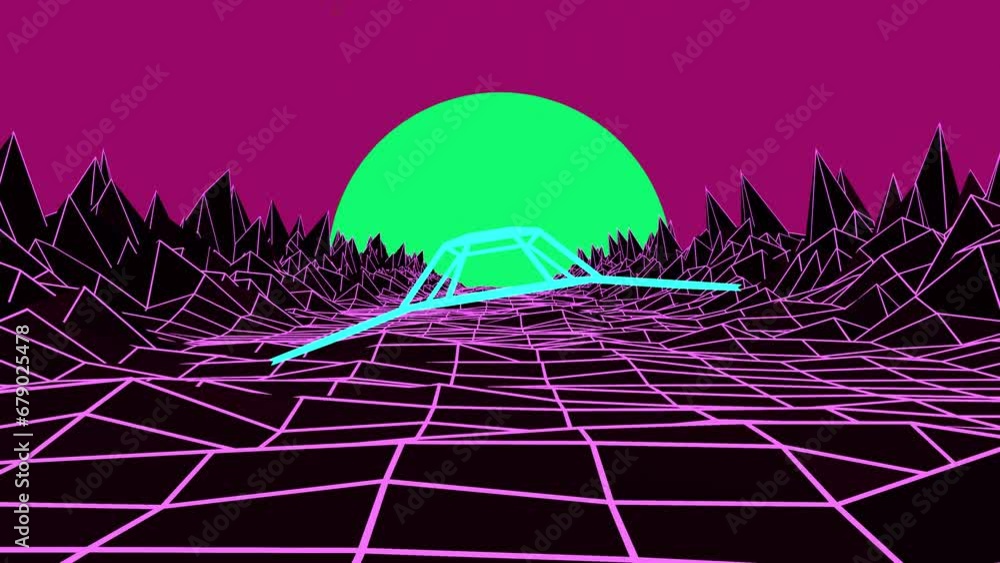 Seamless loop retro 1980s animation with starship silhouette flying ...