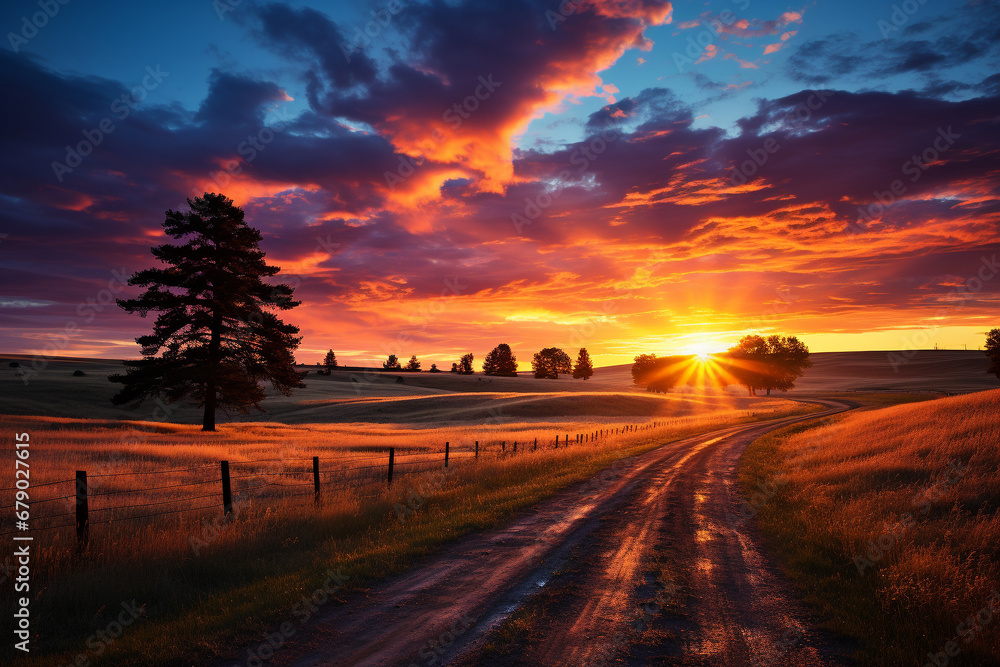 tranquil beauty of tall grass prairie at dawn, embodying gentle rays ...