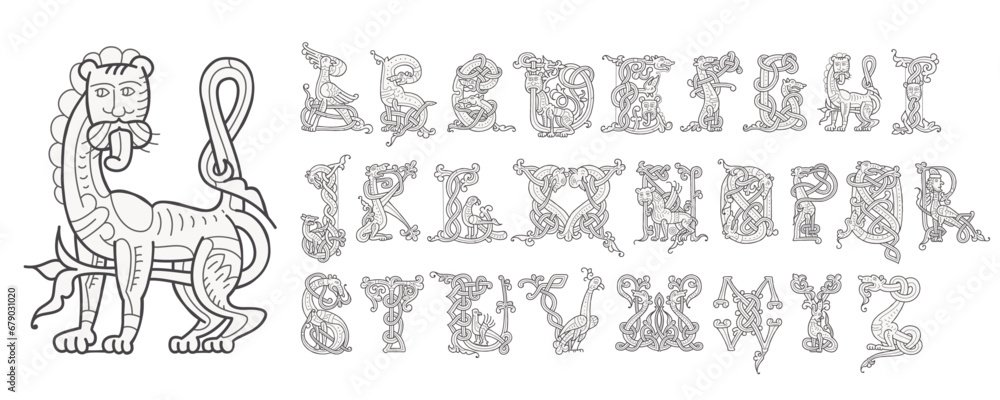 Medieval drop caps alphabet. Initials made of spiral Celtic beasts ...