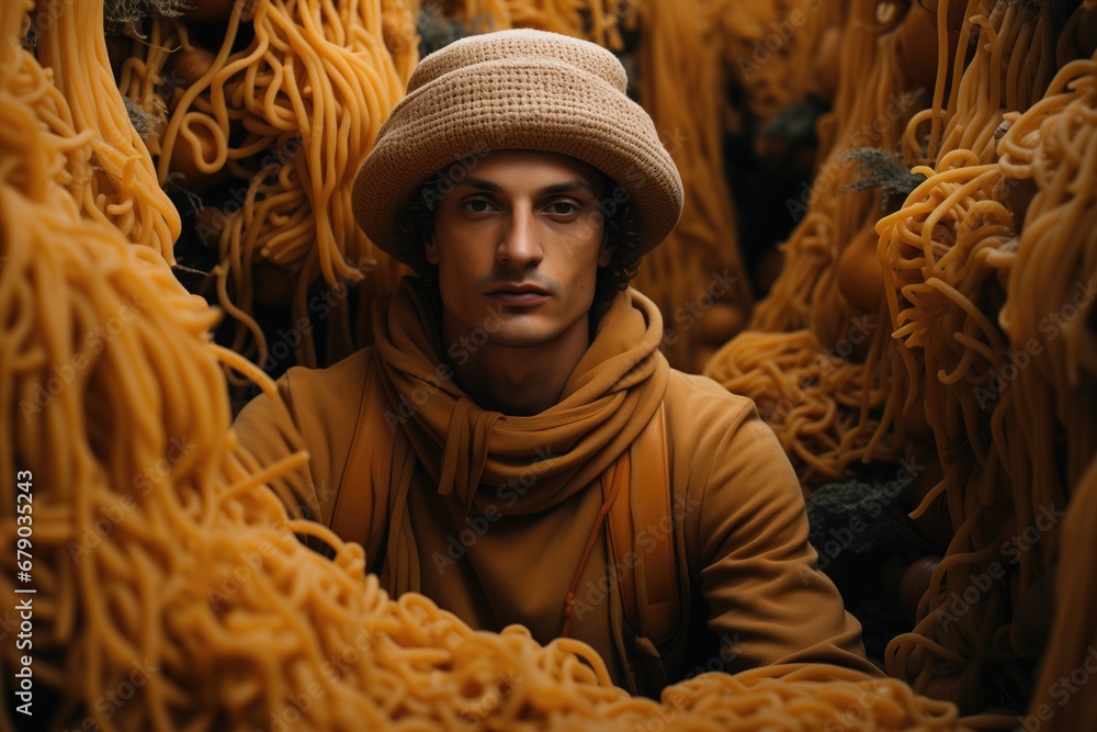 A meme template. Noodles. A young guy wearing a knitted hat sitting in ...