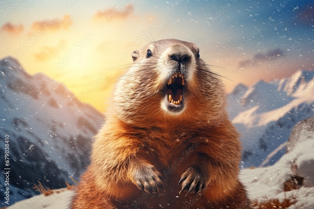 Groundhog day. Groundhog icoming out from burrow. Cartoon graphics ...