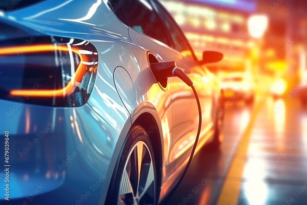 Electric car charger plugged in a vehicle socket in a parking lot ...
