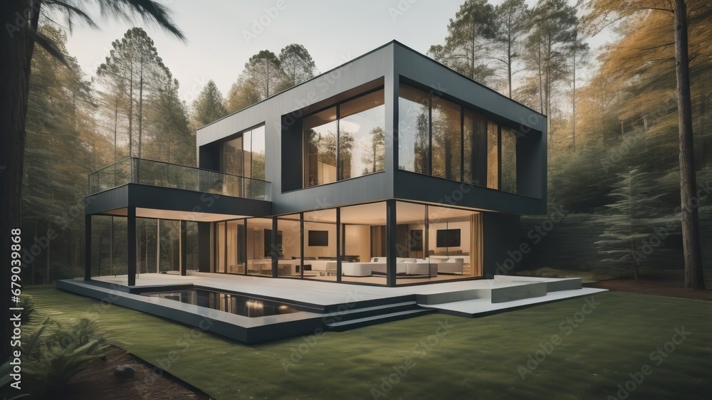 Modern small minimalist cubic house with big windows, terrace and ...