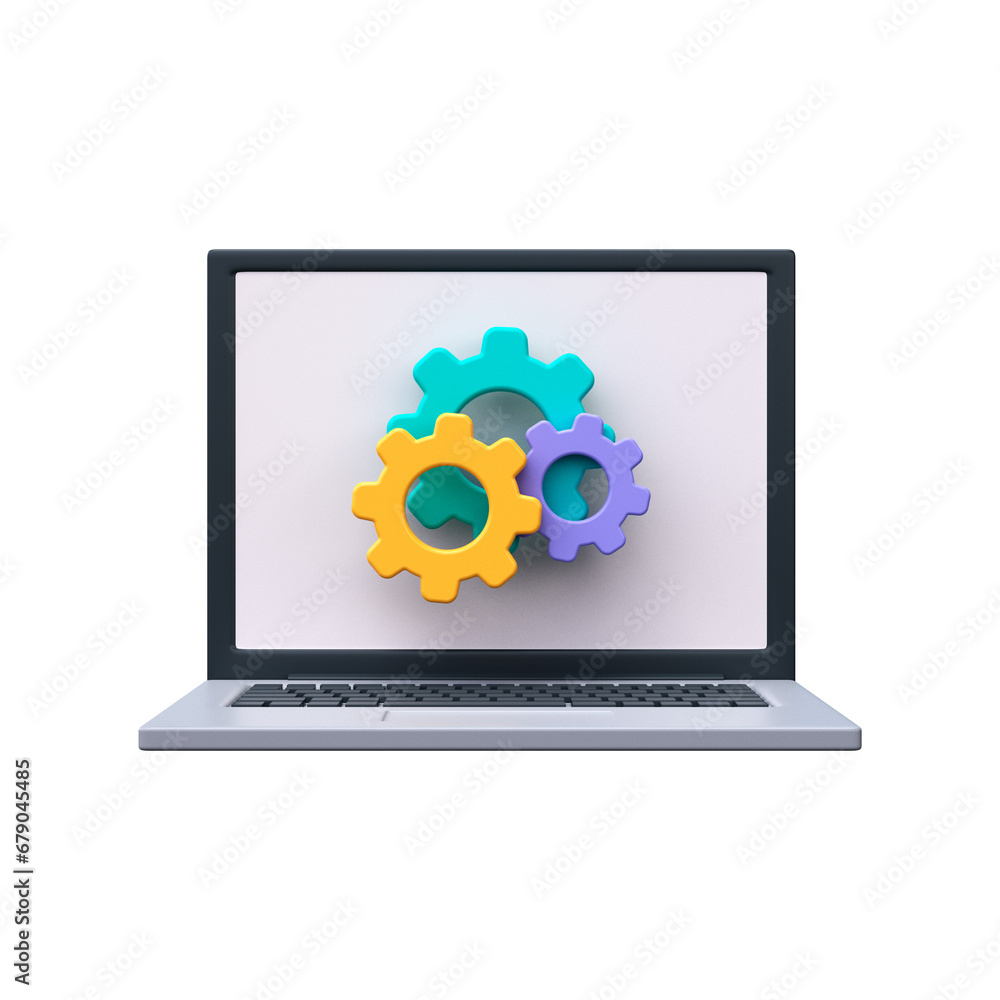 3D Laptop icon and gear. Laptop update process and system settings ...