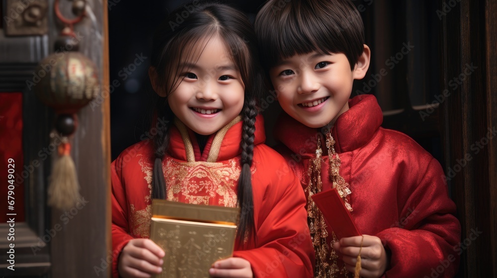 smiling Chinese kids with Chinese new year traditional clothing, lunar ...